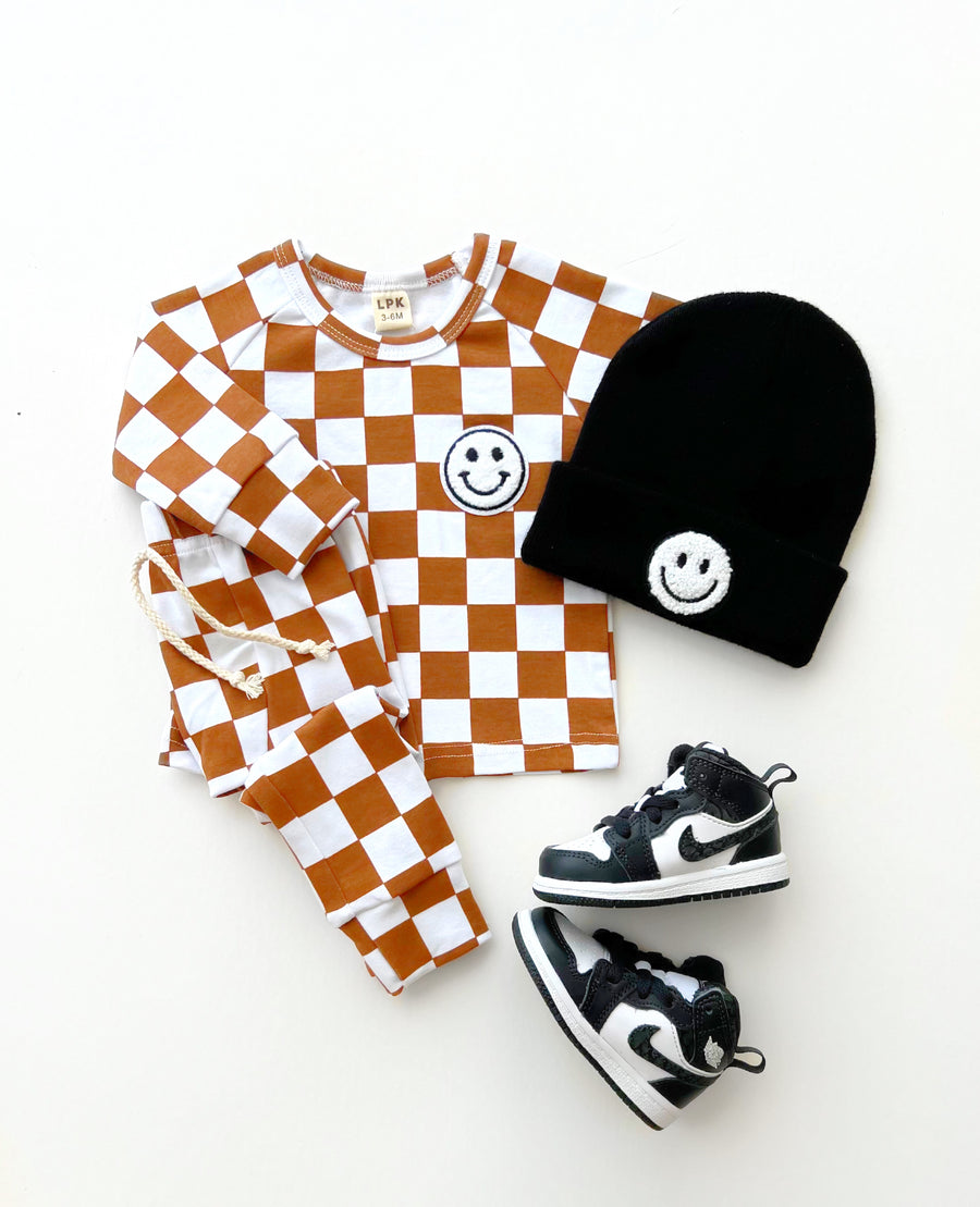 Checkered Smiley Lounge Set | Copper – LUCKY PANDA KIDS